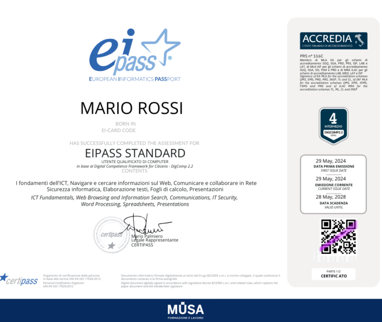 Convalida di esame da Eipass 7 Moduli User a Standard | Musa Formazione